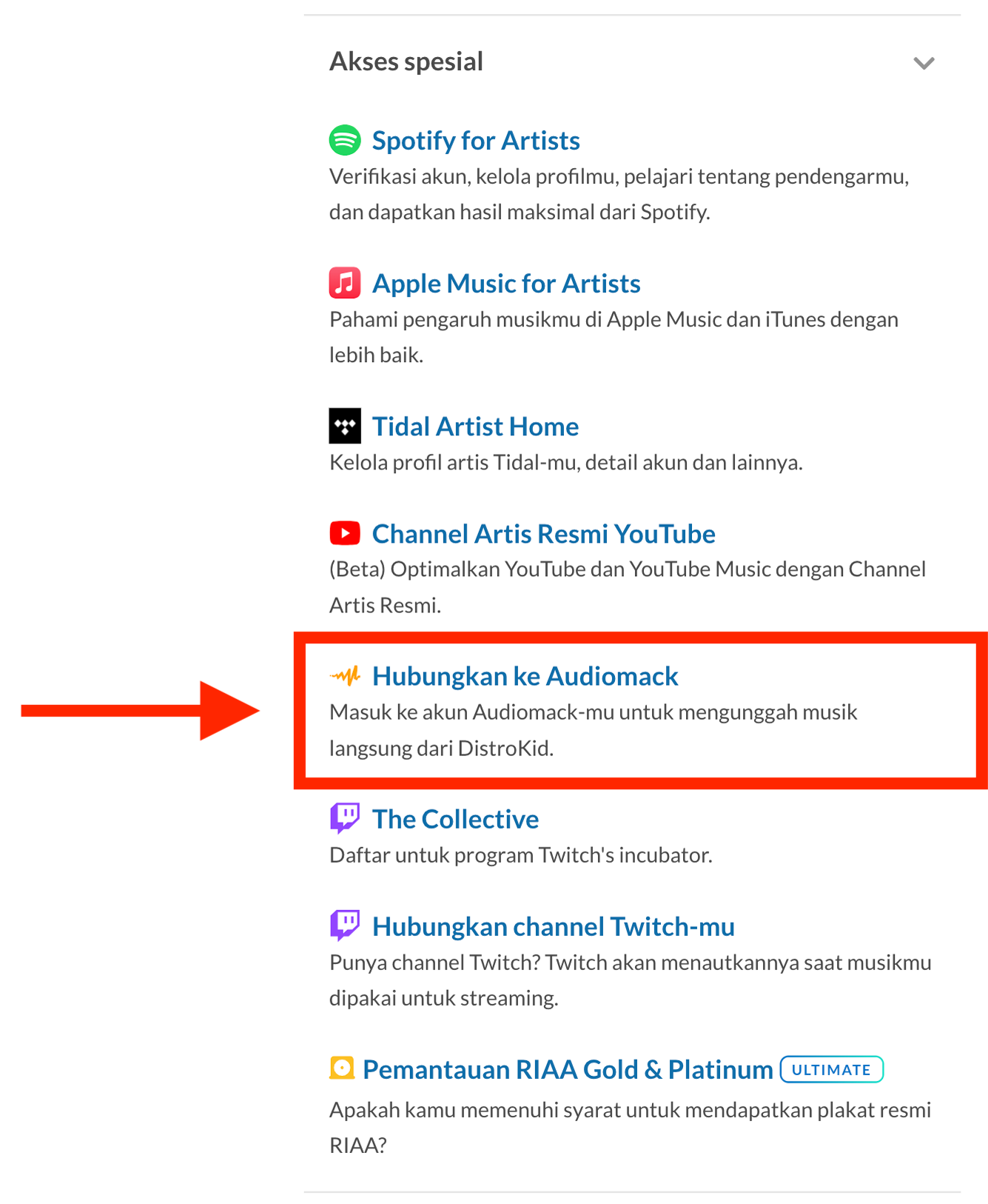 Cara Memutuskan (dan Menghubungkan Kembali) akun Audiomack-mu – Pusat Bantuan DistroKid